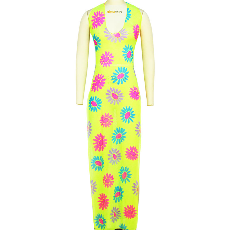 High Quality Long Dress Flora Print Beach Wear Armless Tight Beach ...